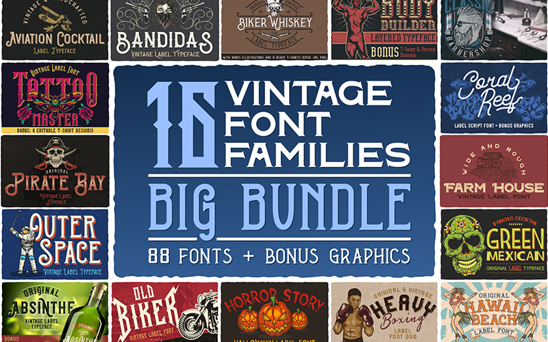 Vintage Font Bundle With 100+ Graphic Elements | DF