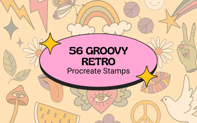 56 Groovy Retro Procreate Stamps | Extended Commercial License